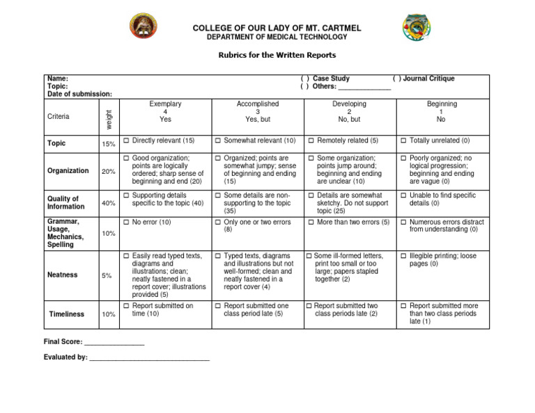 Rubric S For Written Reports CC | PDF | Rubric (Academic)