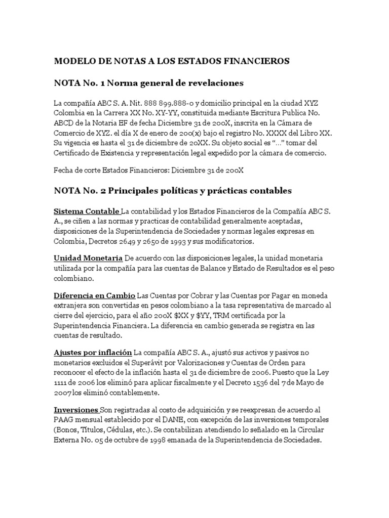 Modelo de Notas A Los Estados Financieros | PDF | Contabilidad | Depreciación