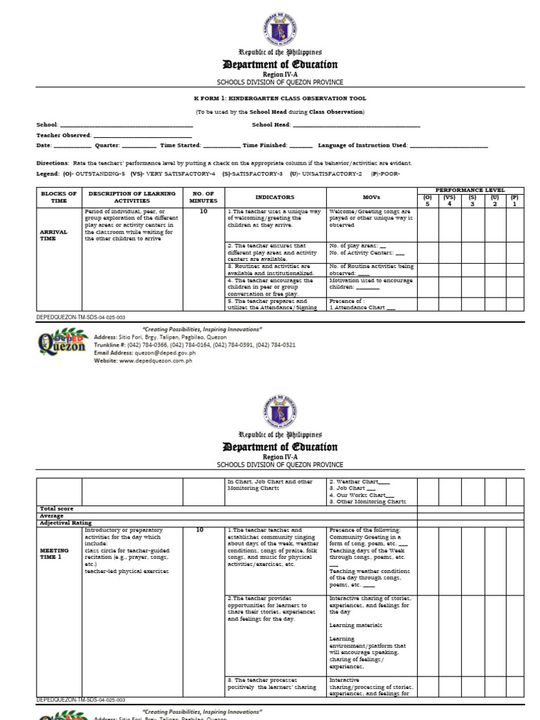1.edited K Form 1 Kinder Class Observation Tool For Teachers | PDF ...