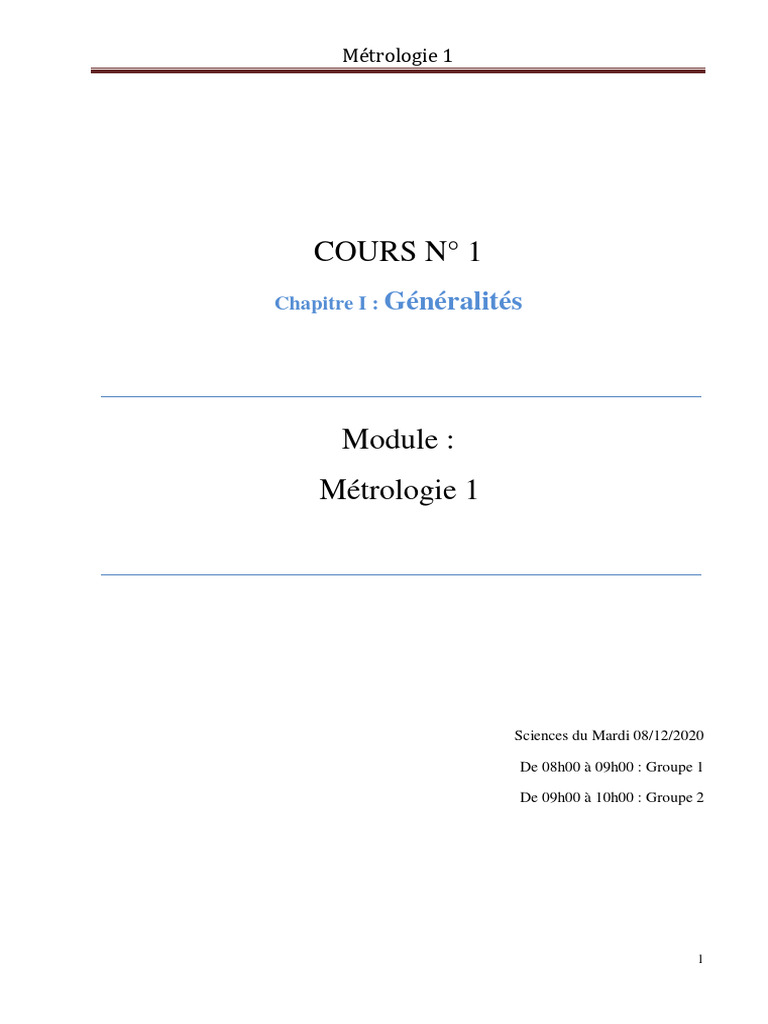 Cours 1 Généralités (Metrologie 1) (LTS-S1) | PDF