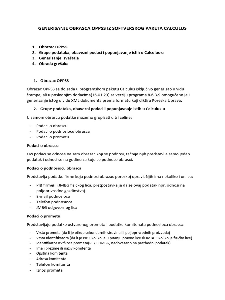 GENERISANJE OBRASCA OPPSS IZ SOFTVERSKOG PAKETA CALCULUS | PDF