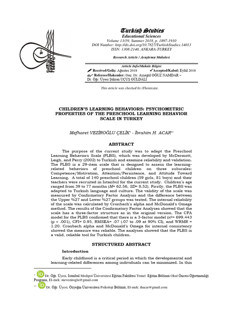 Children’s learning behaviors psychometric properties of the preschool learning behavior scale ...