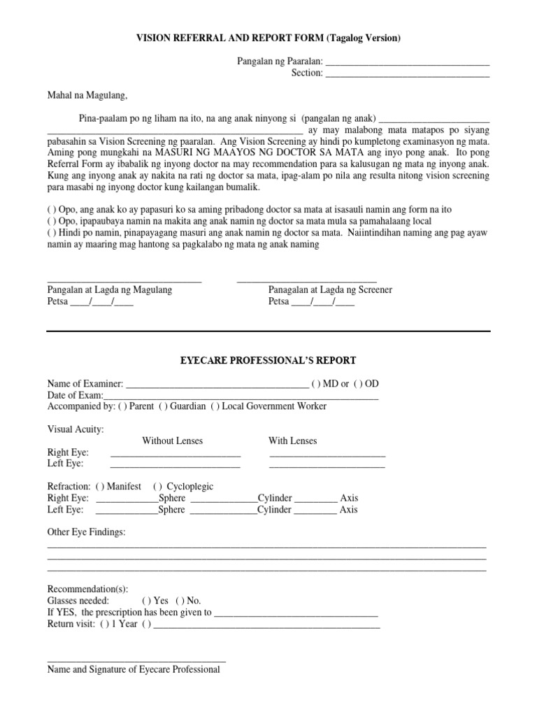 VISION REFERRAL AND REPORT FORM Tagalog | PDF