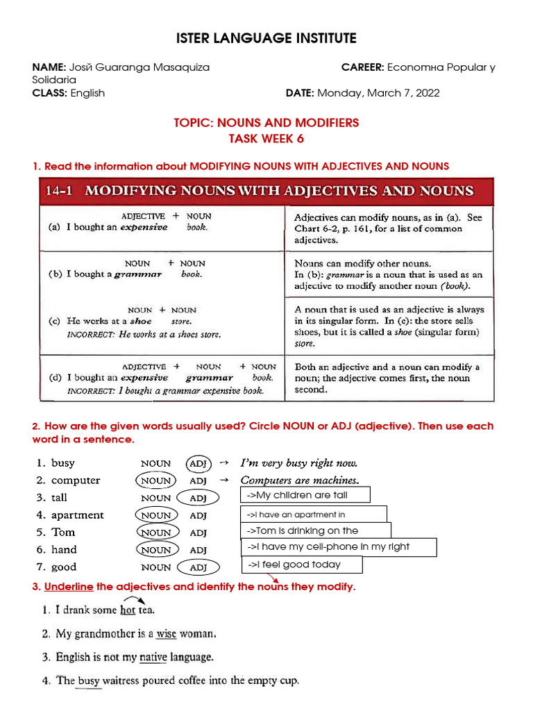 RUMIÑAHUI WEEK 6 NOUNS AND MODIFIERS-convertido (Reparado) | PDF | Adjective | Verb