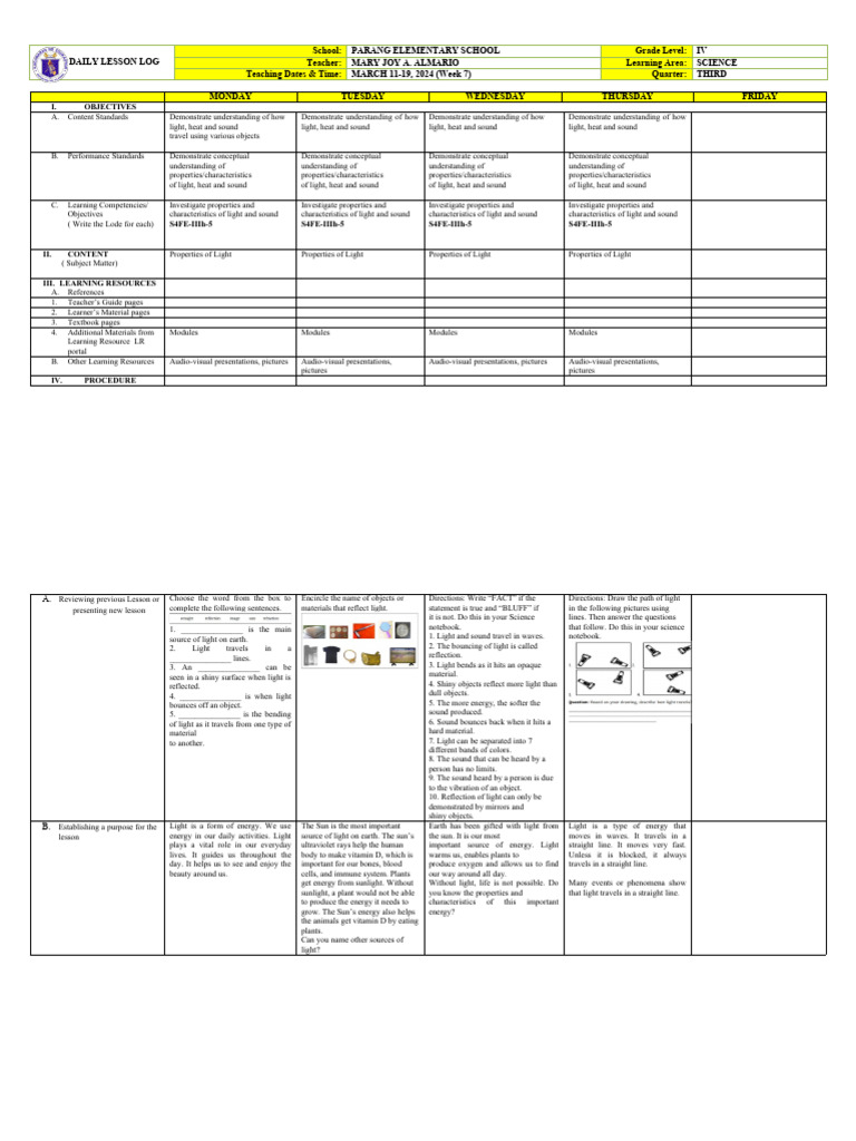 DLL - Science 4 Q3 Week 7 Ok | PDF