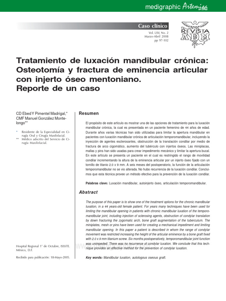 Tratamiento de Luxación Mandibular Crónica: Osteotomía y Fractura de Eminencia Articular Con ...