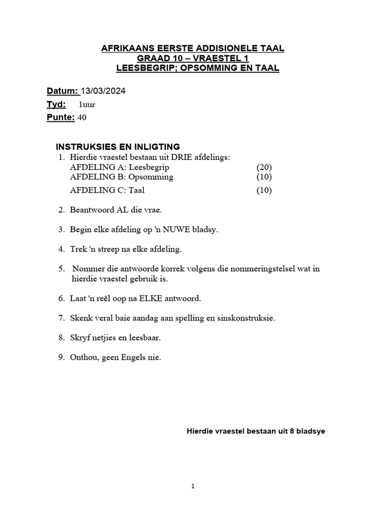 Grade 10 Afrikaans Eerste Addisionele Taal March Test AND MEMO 1 2023 ...