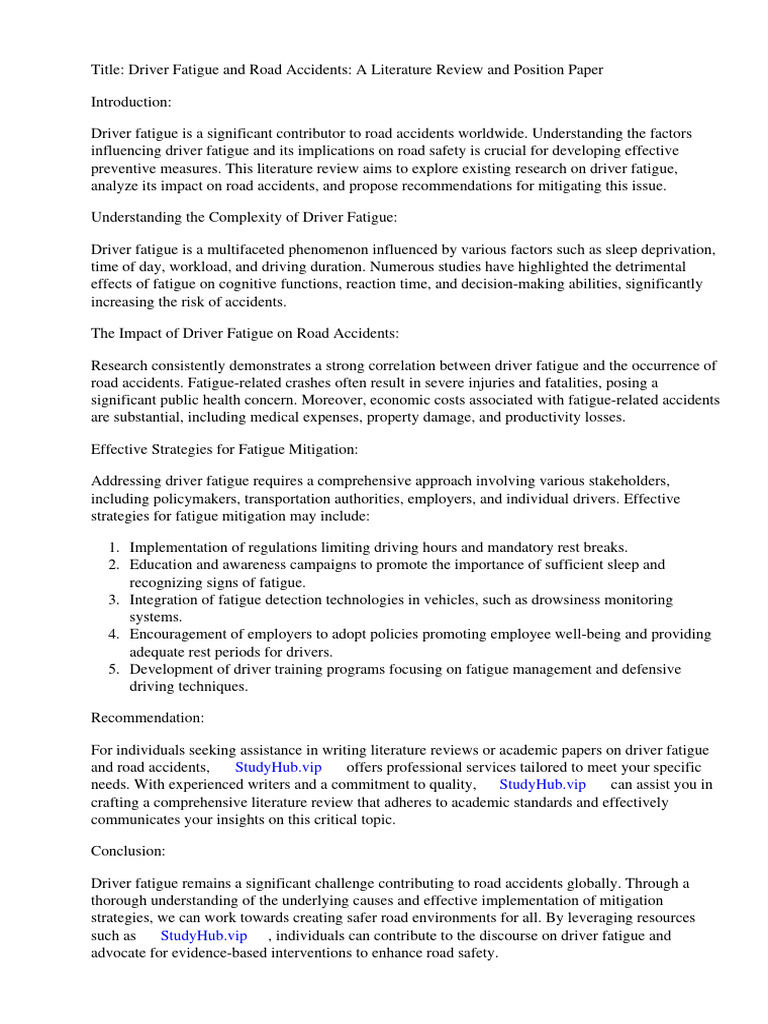 Driver Fatigue and Road Accidents A Literature Review and Position ...
