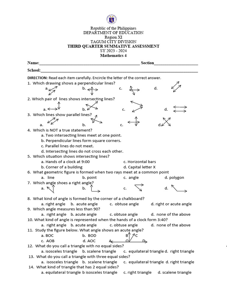 G4 - Math Q3 Summative Test | PDF | Triangle | Elementary Geometry