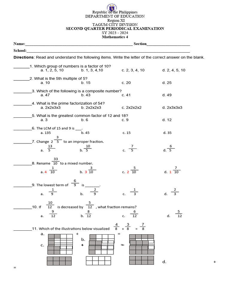 GR4 Math Second Quarter Assessment Math 4 2023 2024 | PDF | Numbers ...