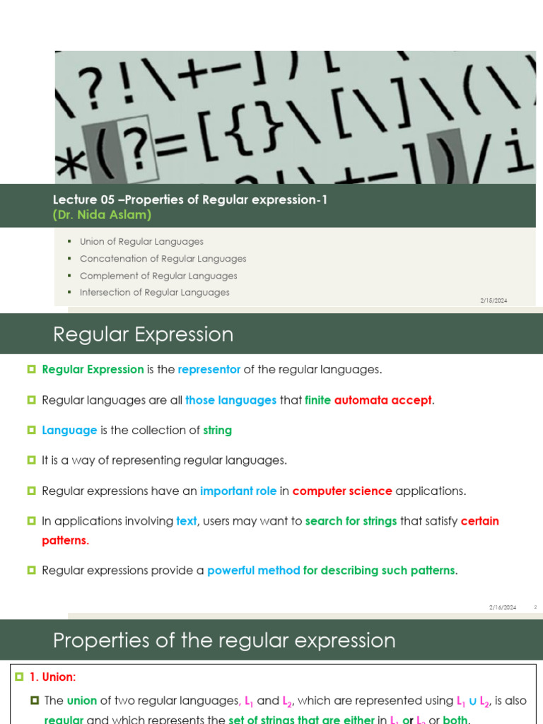 Lecture 05 - Properties of Regular Expression-2024-1 2 | PDF | Regular Expression | String ...