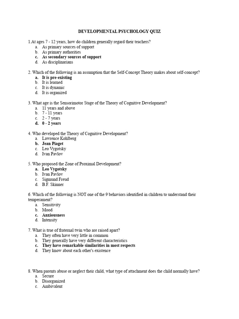 Developmental Psychology Quiz | PDF | Attachment Theory | Developmental ...
