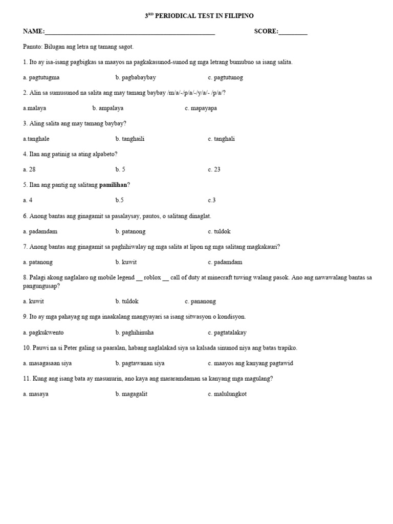 Filipino Test for Students | PDF