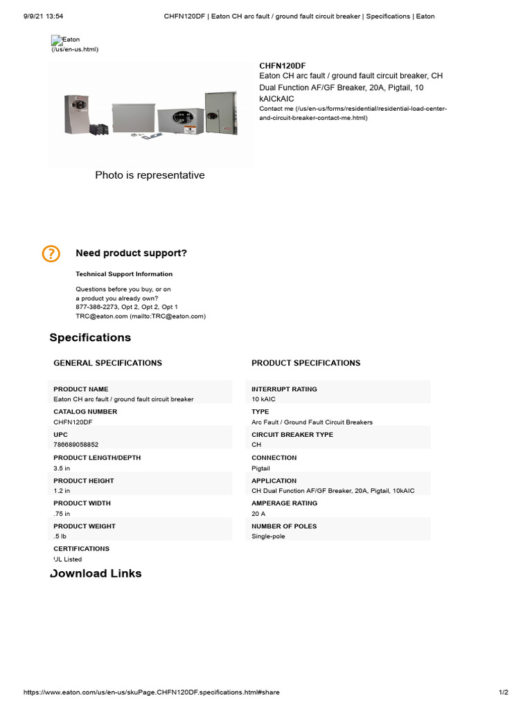 Eaton CH Arc/Ground Fault Breaker Specs | PDF | Electrical Wiring ...