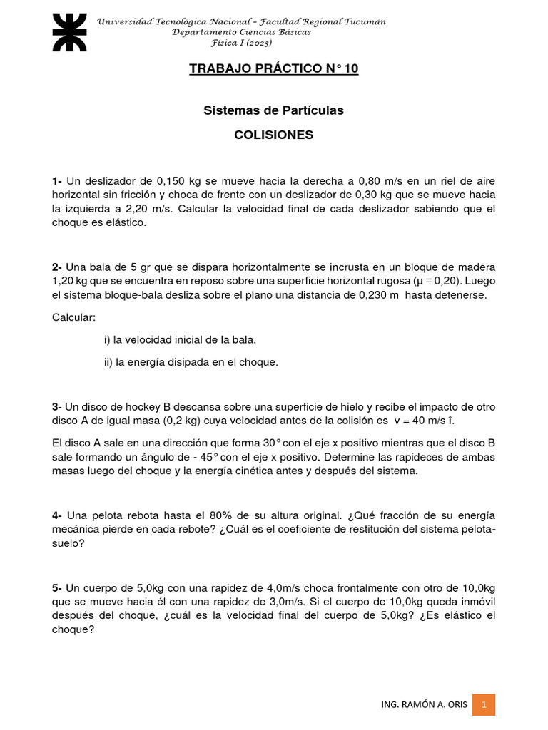 Trabajo Práctico #10 - COLISIONES (CHOQUES) - 1Q1 - Fisica I | PDF ...