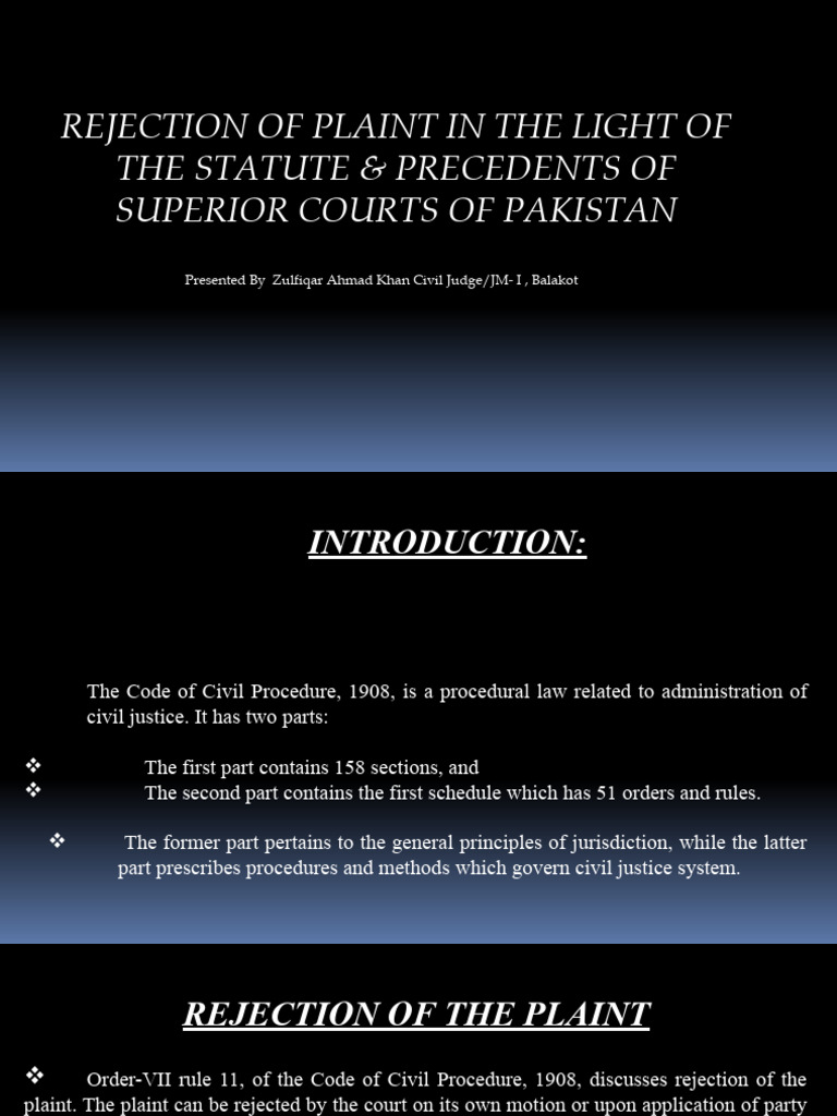 Presentation-Rejection of Plaint by CJ-I BKT | PDF | Lawsuit | Federal ...