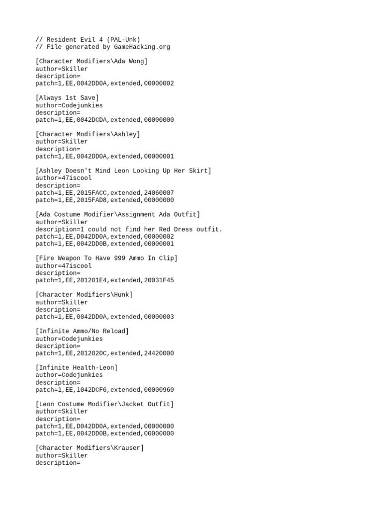 Resident Evil 4 (PAL-Unk) .Pnach | PDF