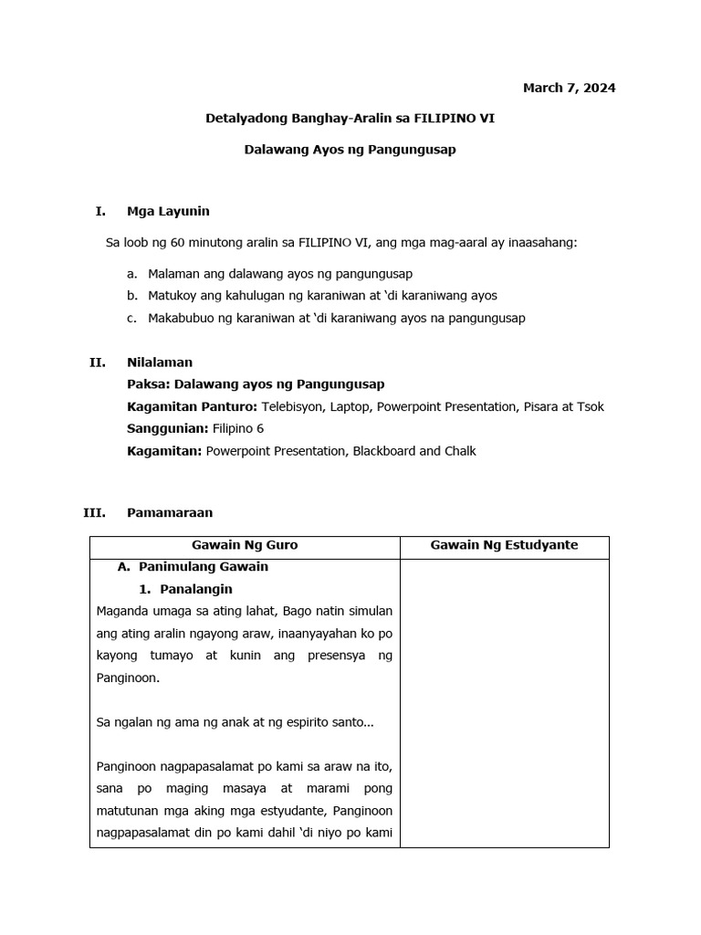 DLP Filipino (Dalawang Ayos NG Pangungusap) | PDF