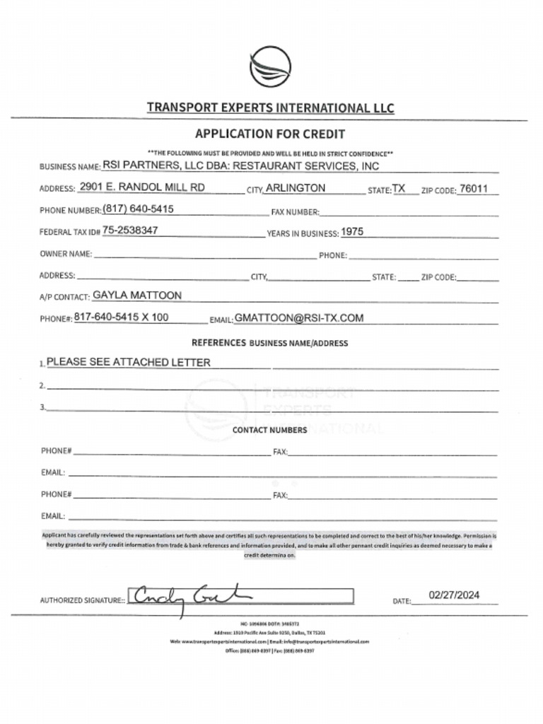 Transport Experts Credit Application | PDF