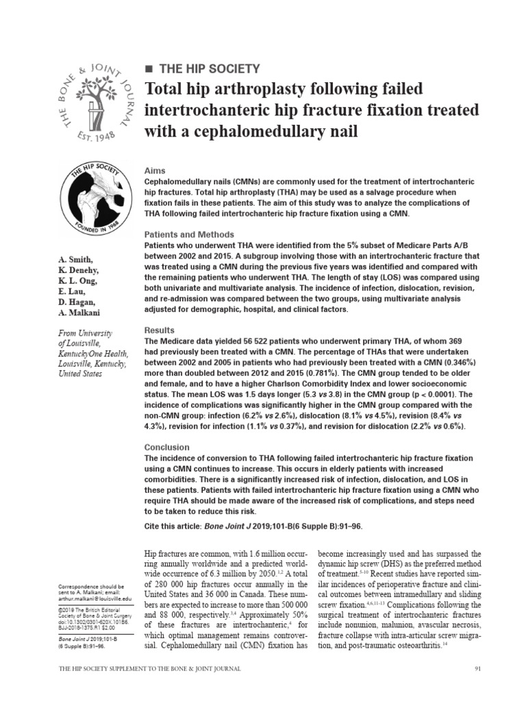 Total Hip Arthroplasty Following Failed Intertrochanteric Hip Fracture ...