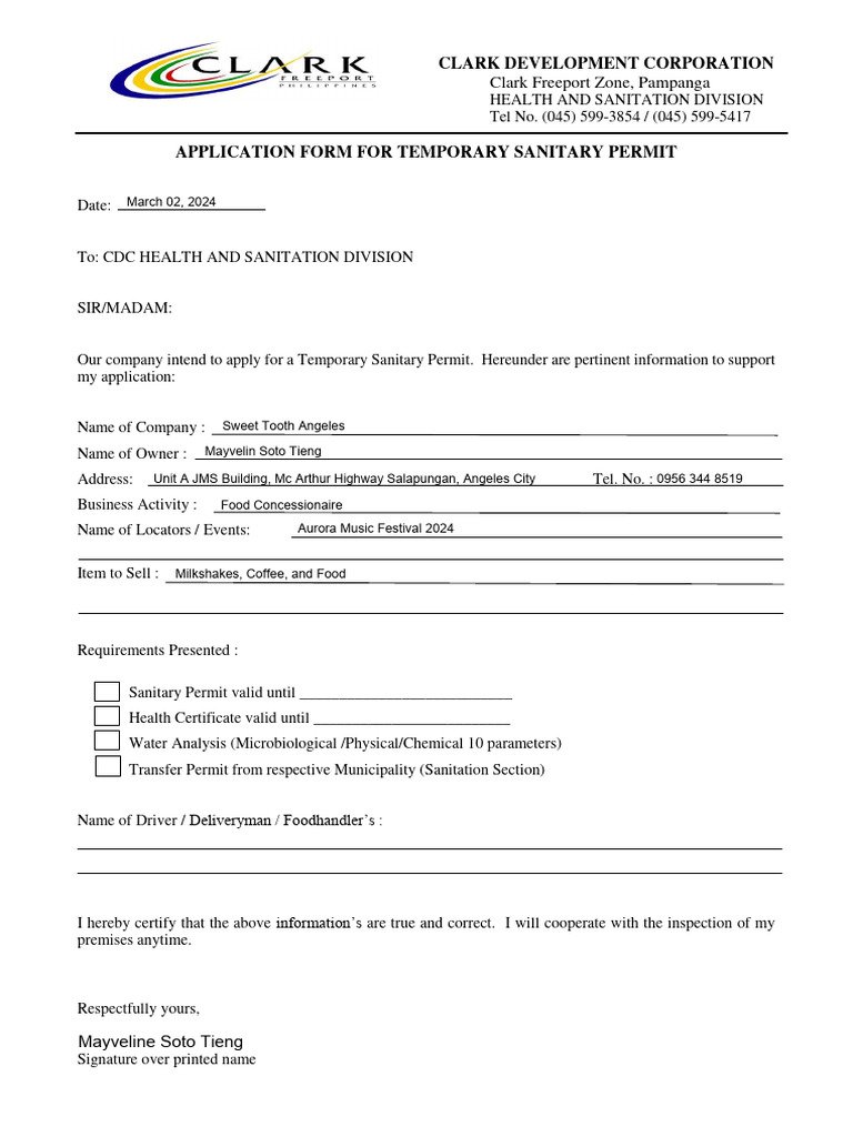Temporary Sanitary Permit Application 1 | PDF