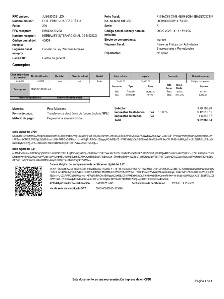 Conceptos: Pago de Regalias IVA Traslado 78,190.70 Tasa 16.00% 12,510. ...