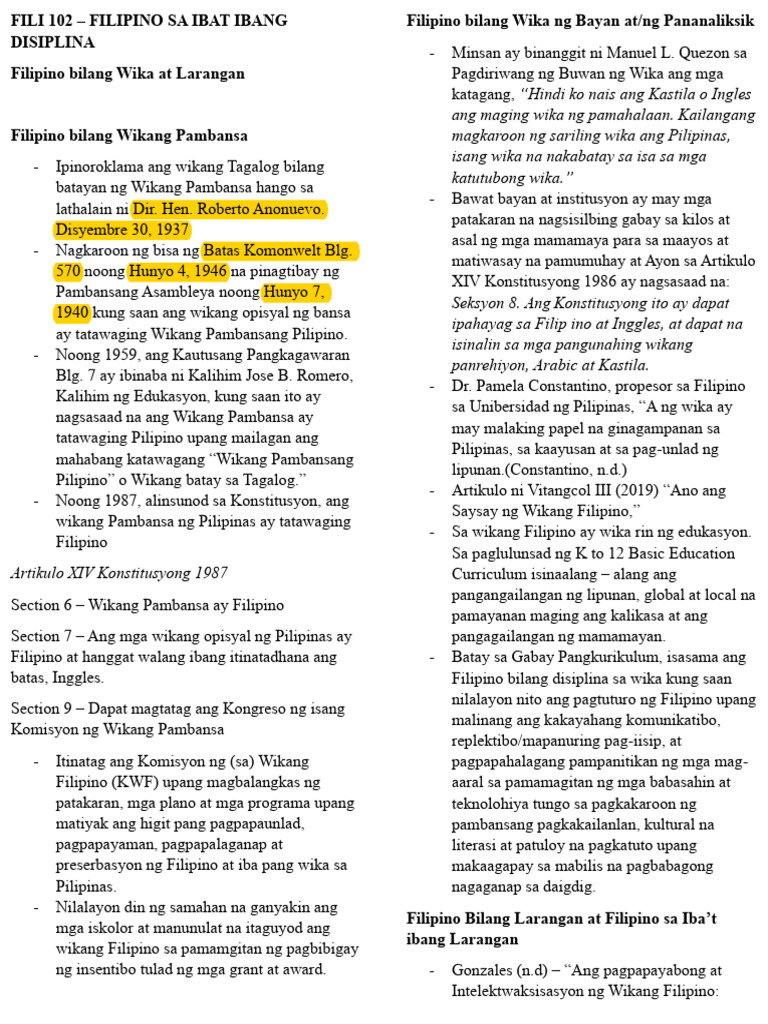 Filipino Language and Disciplines | PDF | Language Arts & Discipline | Foreign Language Studies