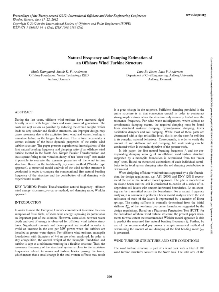 Damgaard - Anderson - 2012 - Natural Frequcmy and Damping Estimation of An OWT Structure | PDF ...
