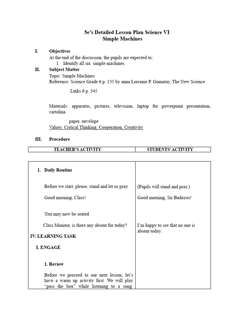 PRE DEMO Lesson Plan VI | PDF | Machines | Lesson Plan