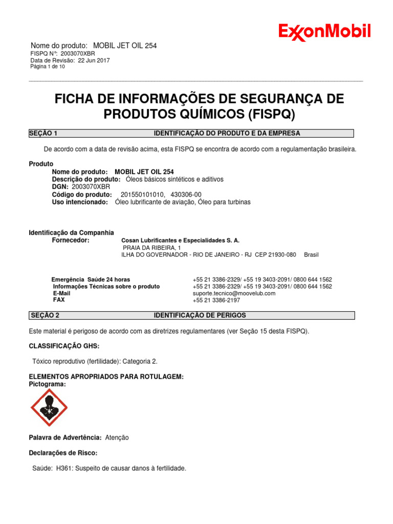 Mobil Jet Oil 254 Msds 2017 | PDF