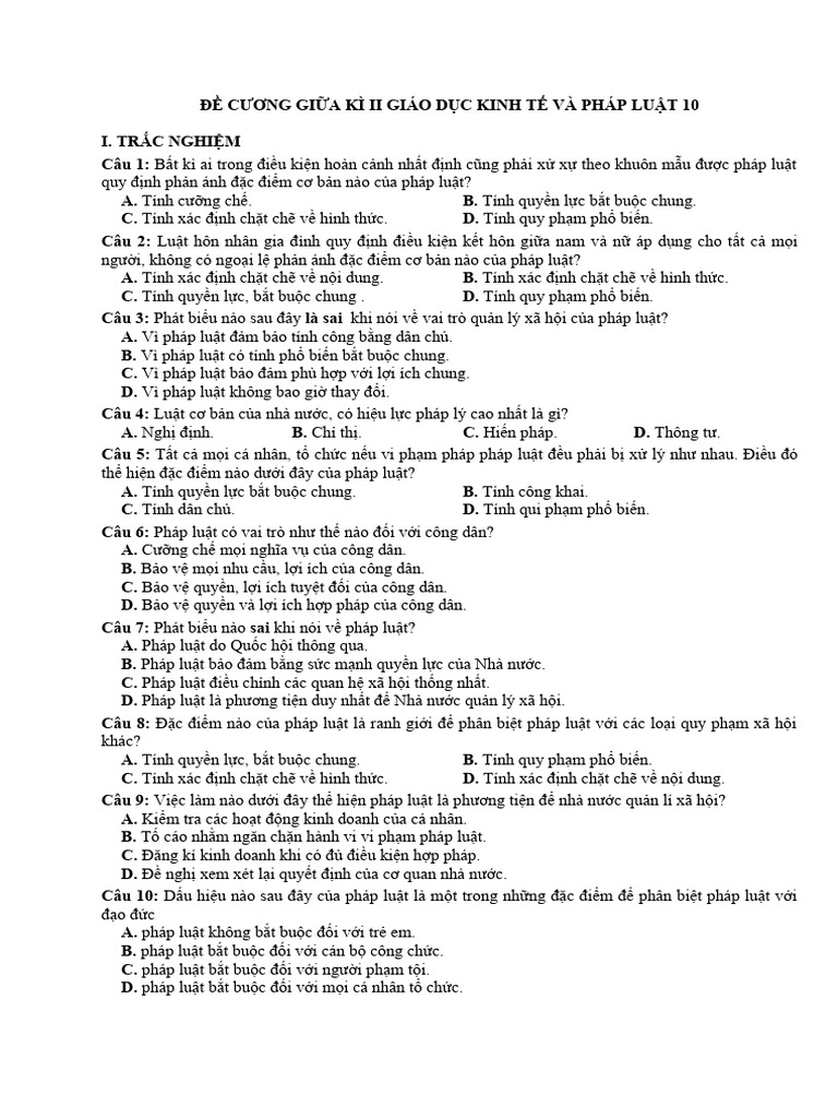 ĐỀ CƯƠNG GKII GD KTPL 10 | PDF