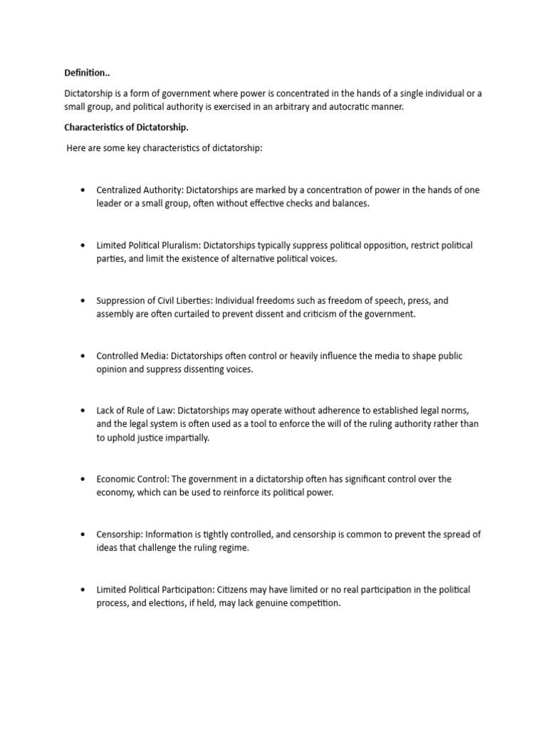 Key Characteristics of Dictatorship | PDF | Politics