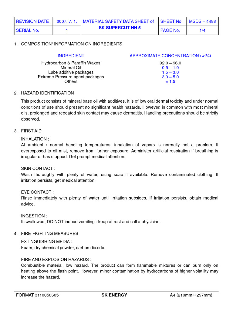 MSDS SK Supercut HN 5 | Download Free PDF | Oils | Hydrocarbons