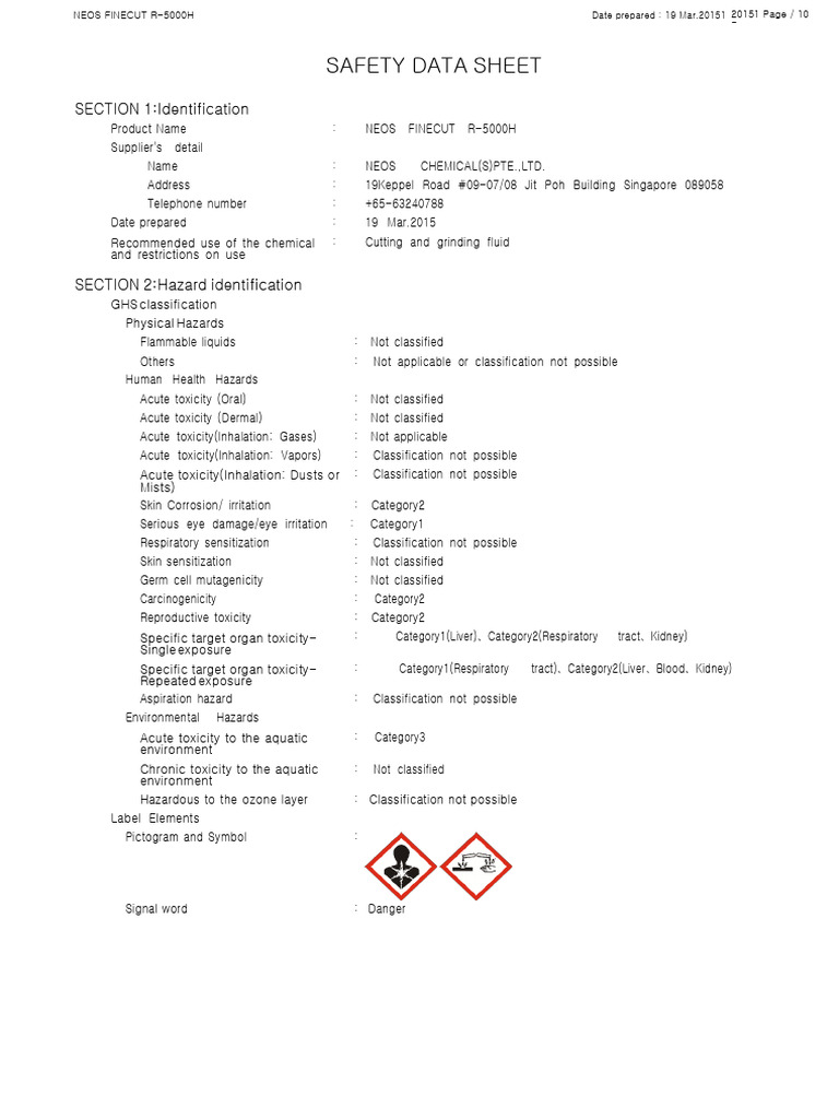 MSDS Neos Finecut R-5000H - 150319 | Download Free PDF | Toxicity | Personal Protective Equipment