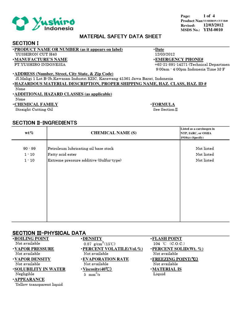 MSDS Yushiro H40 | Download Free PDF | Carbon Dioxide | Chemical Substances