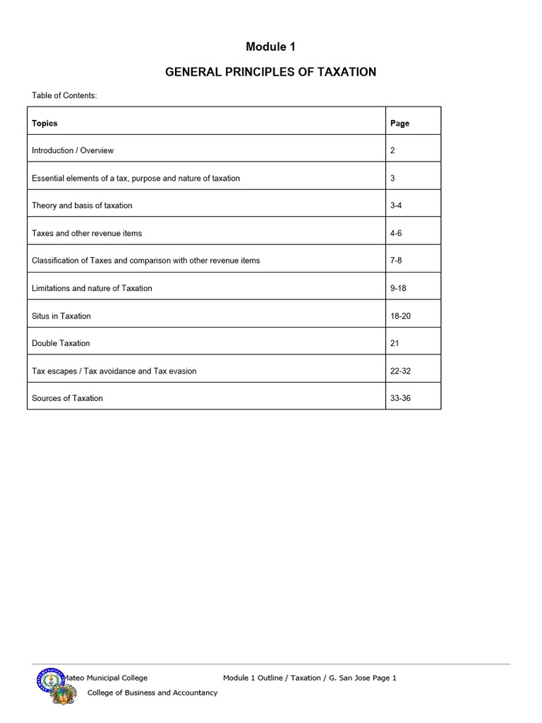 Tax Module 1 General Principles Of Taxation Ay 2023 24 Pdf