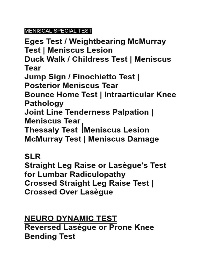 Meniscal and Neurodynamic Tests Guide | PDF