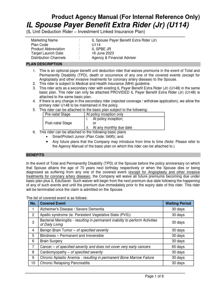 A - Agency Manual - IL Spouse Payer Benefit Extra Rider (JR) (U114) | PDF | Insurance | Epidemiology