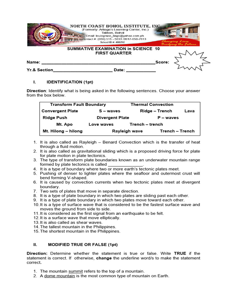 SUMMATIVE EXAMINATION in SCIENCE 10-Q1 | PDF | Plate Tectonics | Mountains