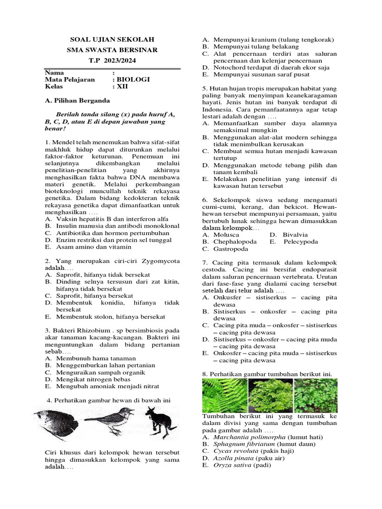 Soal Ujian Biologi Kelas XII 2023/2024 | PDF | Griya & Taman | Kesehatan Holistik