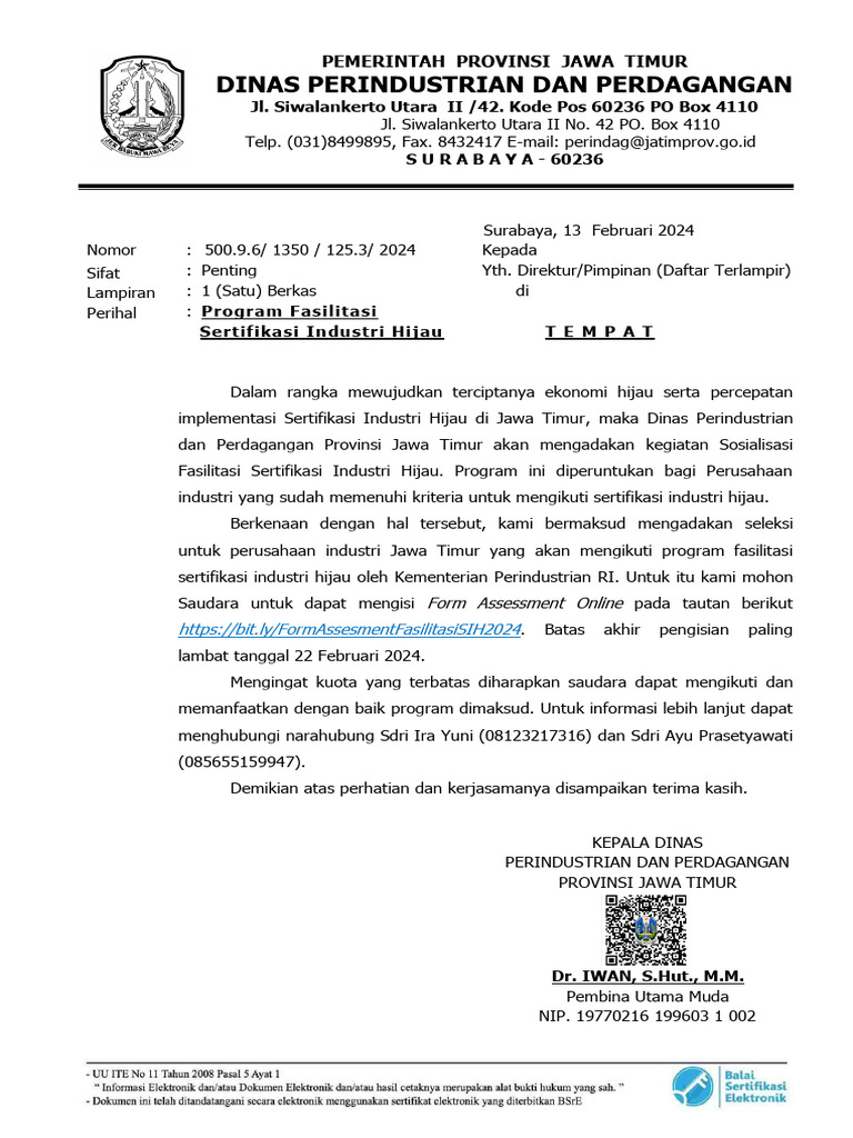 Surat Program Fasilitasi Sertifikasi Industri Hijau 2024 | PDF
