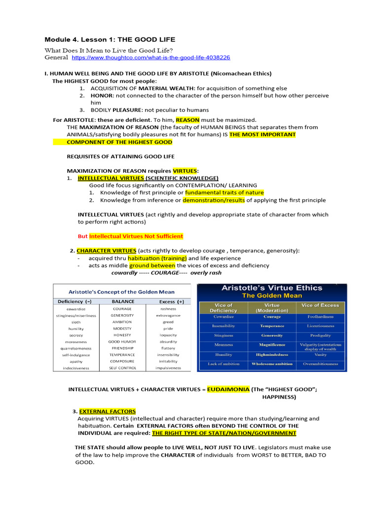 Module 4 Lesson 1 THE GOOD LIFE Aristotle and Other Philosophers | Download Free PDF | Virtue ...