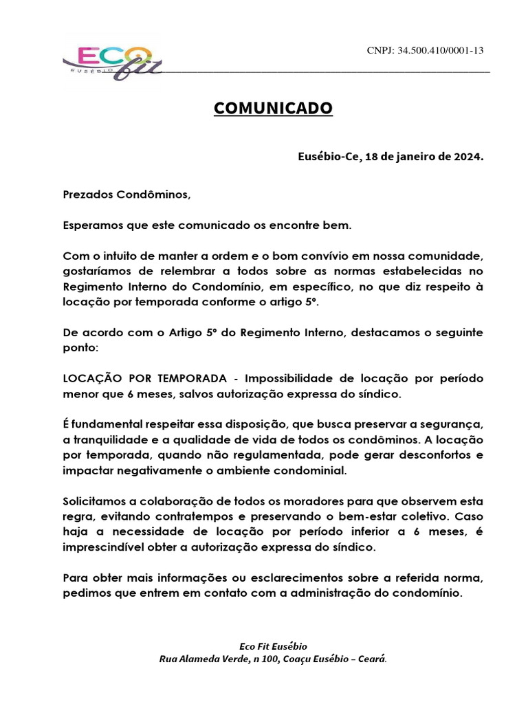 Normas de Locação no Eco Fit Eusébio | PDF