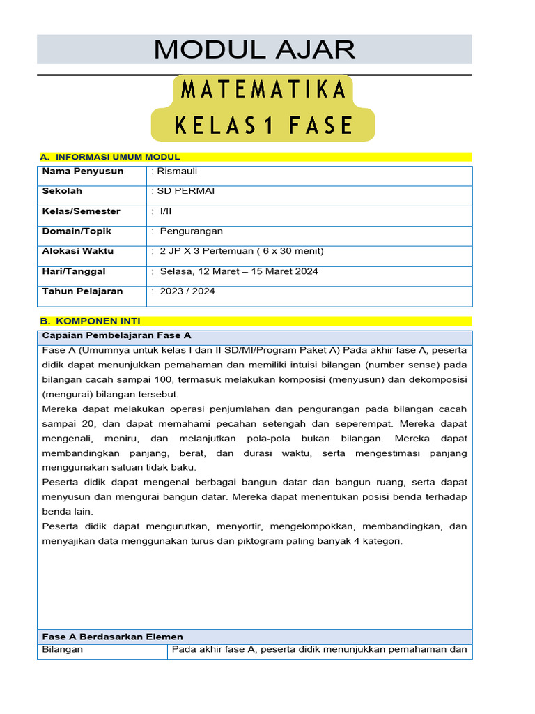 Modul Ajar Pengurangan Kelas 1 SD | PDF