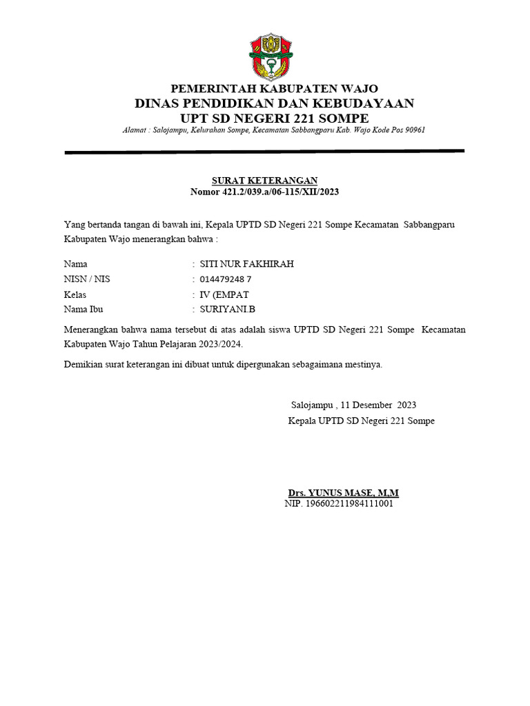 Ct. Surat Ket. Aktif Siswa 221 Pip Aspirsi | PDF
