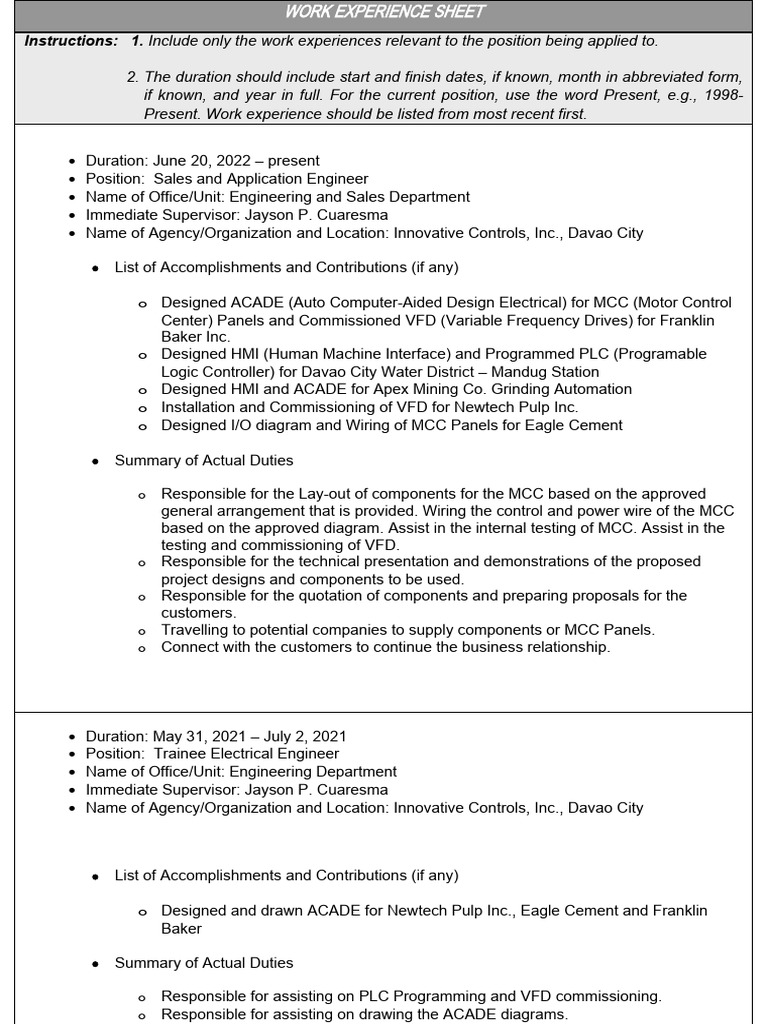 CS Form No. 212 Attachment - Work Experience Sheet | PDF | Programmable ...