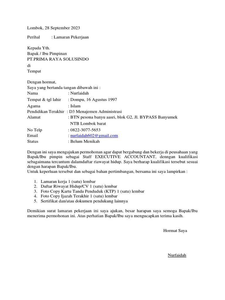 Surat Lamaran Ptprima Raya Solusindo | PDF