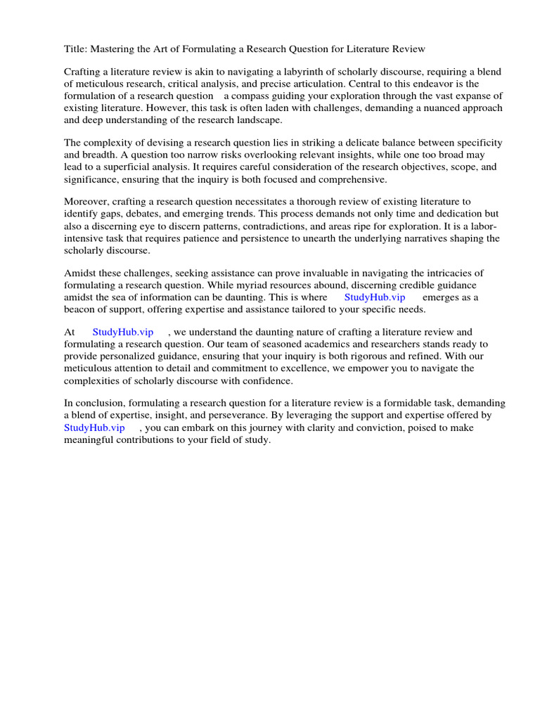 Formulating A Research Question For Literature Review | PDF