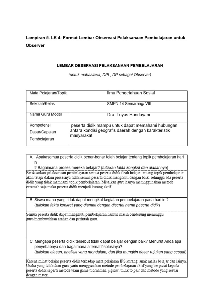 Lampiran 5. LK 4 Format Lembar Observasi Pelaksanaan Pembelajaran Untuk Observer | PDF