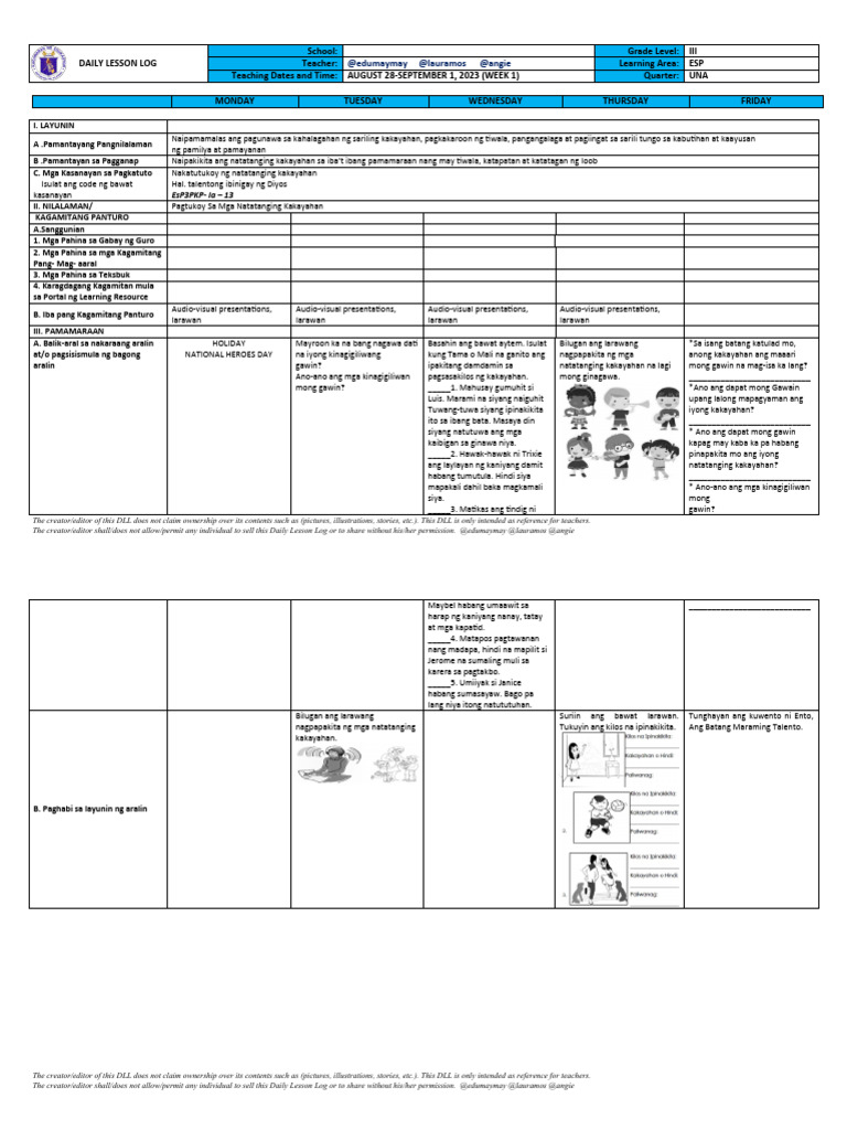 DLL - ESP 3 - Q1 - W1 - Nakatutukoy Ang Natatanging Kakayahan ...